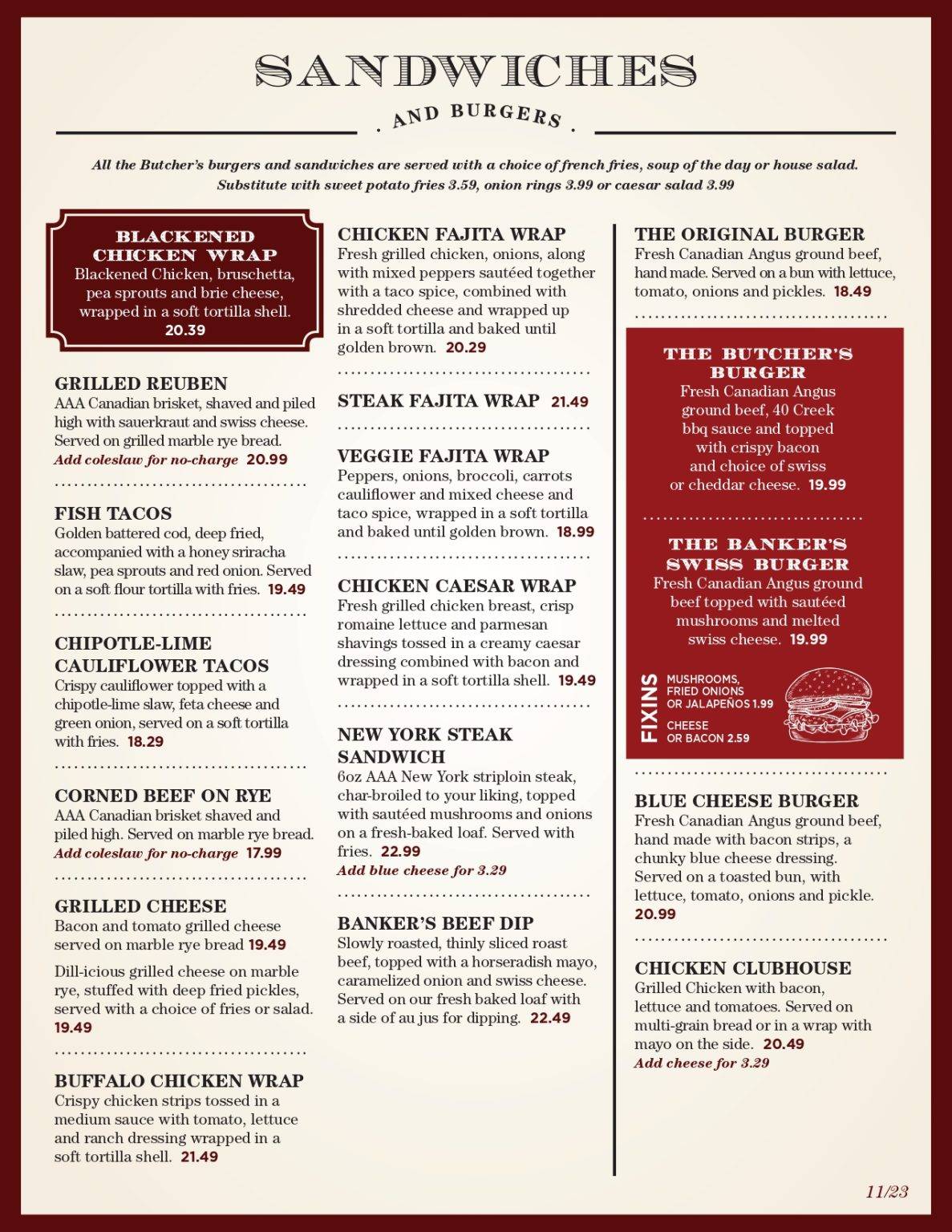 Menu | The Butcher and Banker